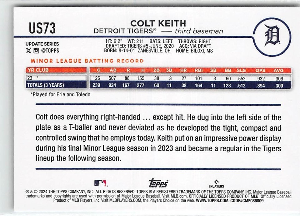 2024 Topps Update Colt Keith Rookie Card Base Detroit Tigers #US73 | eBay