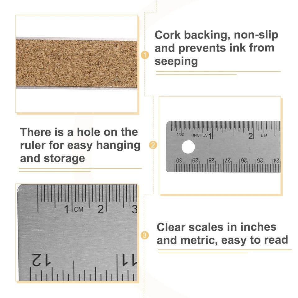 3pcs Stainless Steel Metal Ruler 20/30/45cm Cork Backing Inch Metric ...