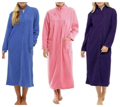 S2 LADIES FLEECE ZIP AND BUTTON THROUGH DRESSING GOWN ROBE UK SIZES 10 ...