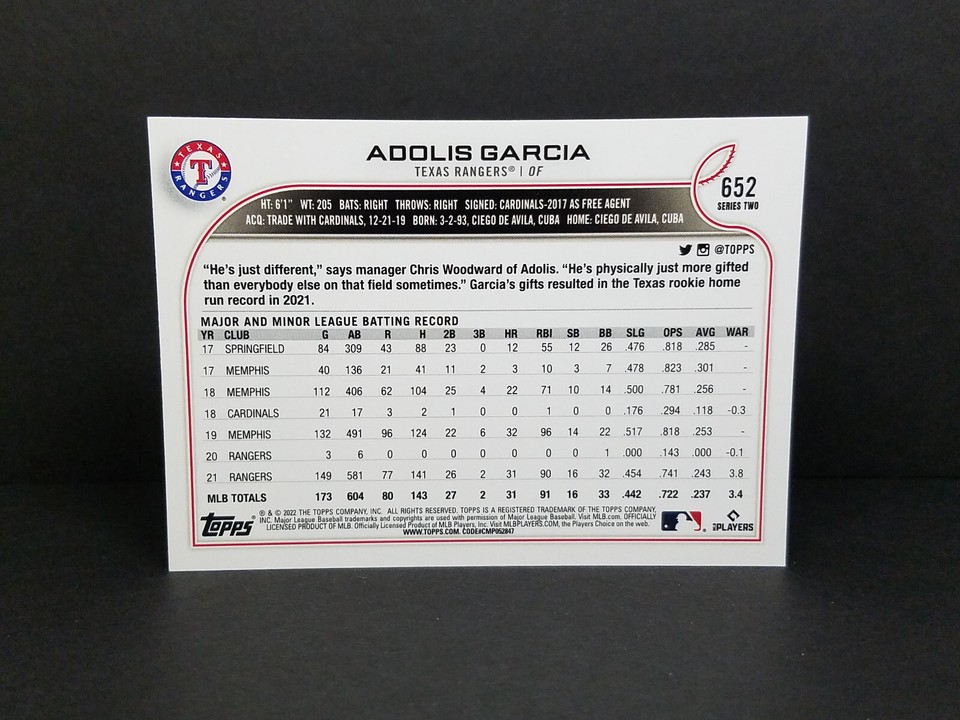 2022 Topps #652 Adolis Garcia, Texas Rangers (GRC) - Base Rookie Card ...