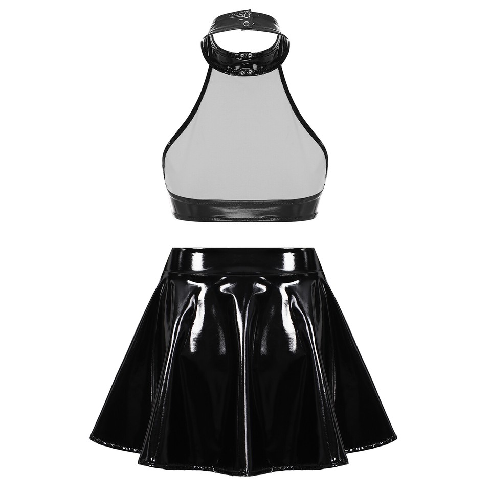 UK Womens Sexy Patent Leather Two Pieces Outfits Halter Crop Top Mini ...