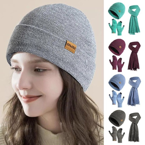 3Pcs/Set Warm Knitted Hat Soft Beanies Hat Winter Scarf Gloves Set Men Women | eBay Australia