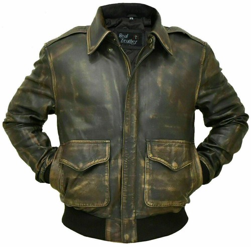 Mens Aviator A-2 Real Leather Vintage Distressed Bomber Flight Jacket ...