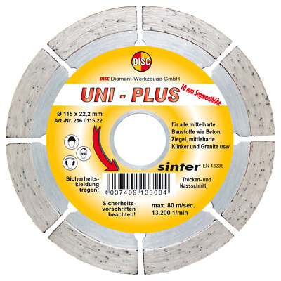 Disc Dia Scheibe Uni Plus Bau für Trocken und Nassschnitt 115x22.2 mm ...