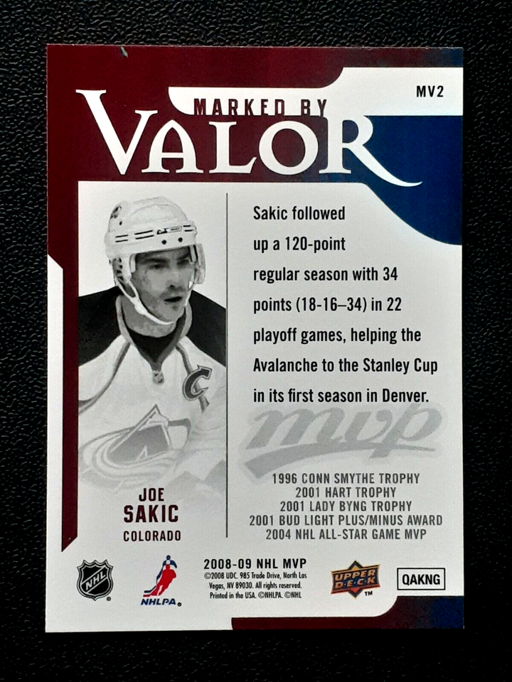 JOE SAKIC 2008-09 UPPER DECK MVP MARKED BY VALOR 08-09 NO MV2 58777 | eBay
