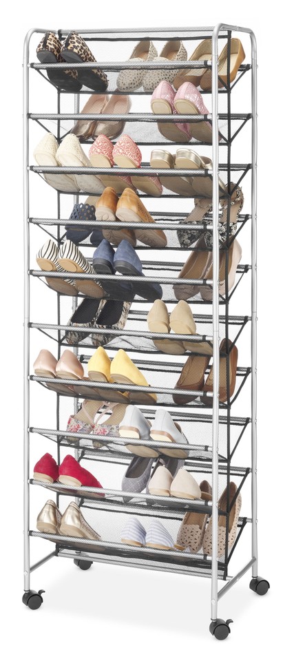 10-Tier Rolling Shoe Rack - Holds 60 Pairs, Metal & Mesh, Easy Mobility ...