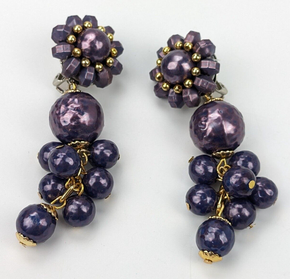 Vintage Purple Cluster Bead Gold Tone Dangle Drop Gra… - Gem