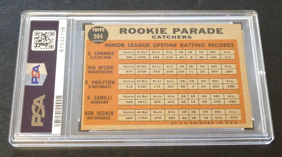 1962 Topps Rookie Parade Catchers Bob Uecker #594 Baseball Card PSA 5 ...