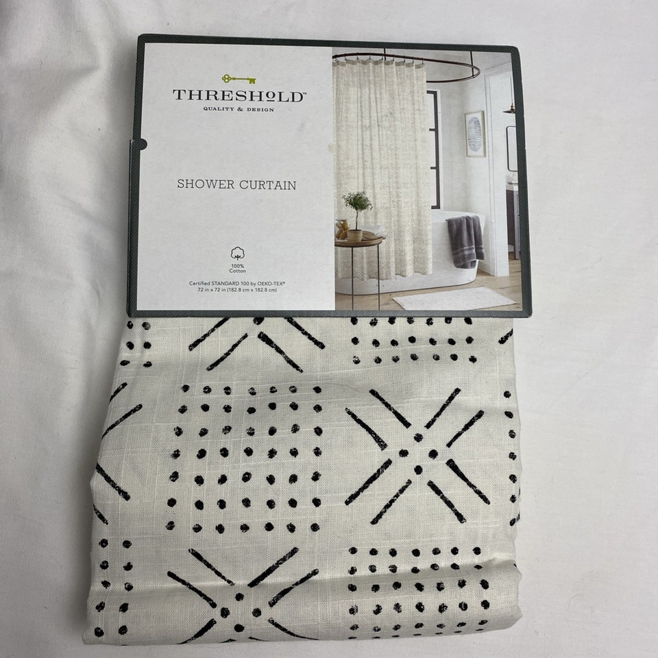 Threshold Shapes Shower Curtain Sour Cream 100% Cotton Buttonhole Dots Lines | eBay