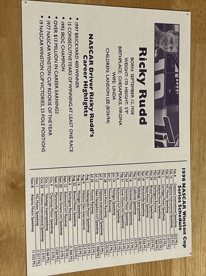 1998 Ricky Rudd Poster Card 5X7 | eBay