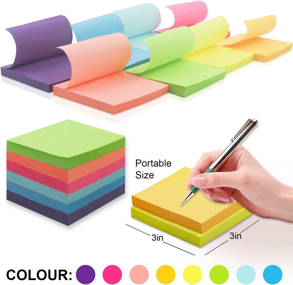 Sticky Notes 3x3, 8 Pack Sticky Pads 100 Sheet/Pad, Bulk Sticky Note ...
