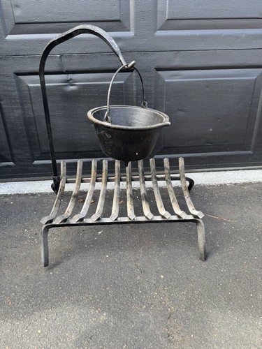 Vintage Cast Iron Fireplace Grate With Hanging Stew Or Chili Cauldron ...