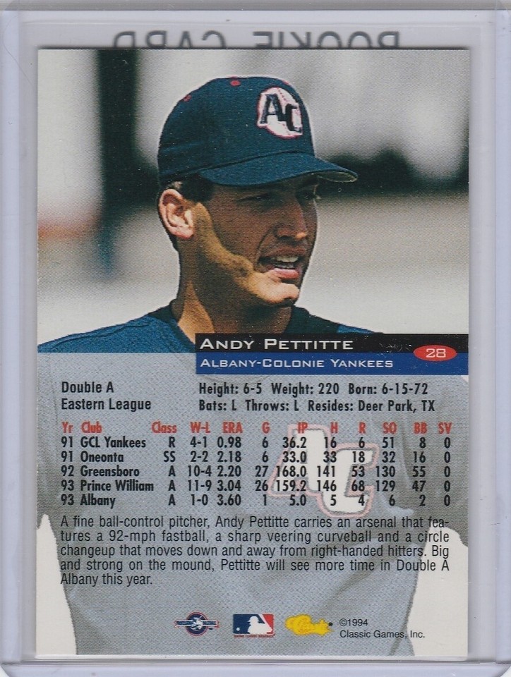 ANDY PETTITTE Albany New York Yankees 1994 ROOKIE CARD Baseball Classic ...