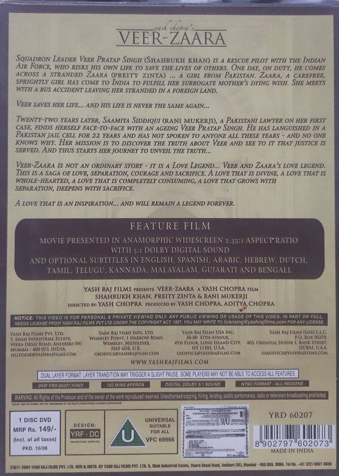 Veer Zaara - Shahrukh Khan - Bollywood Hindi Movie DVD (Single Disc ...