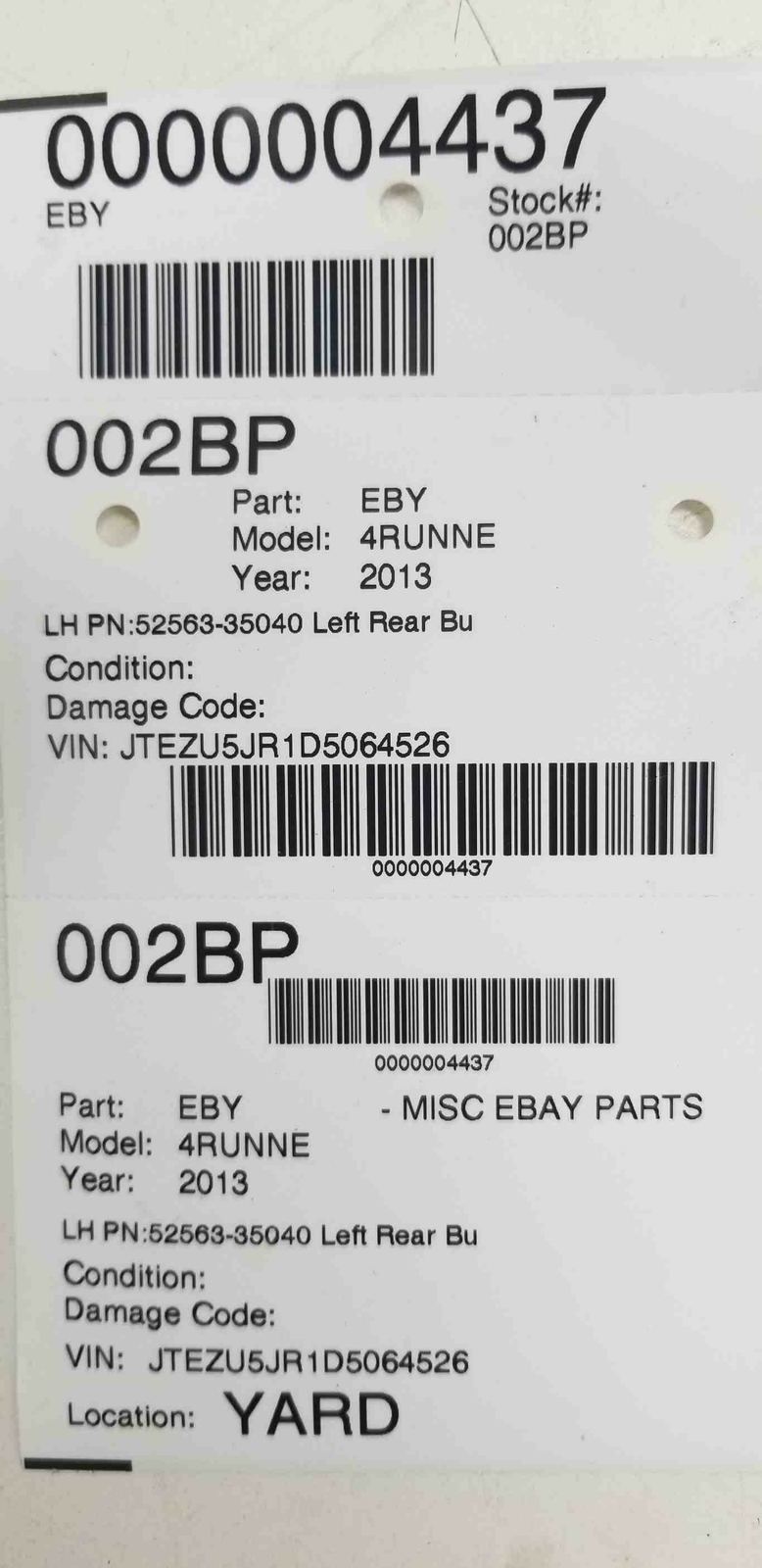 2010 - 2019 TOYOTA 4RUNNER Left Rear Bumper Upper Retainer PN: 52563 ...