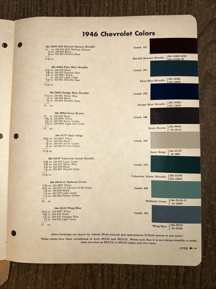 ORIGINAL 1946 CHEVROLET COLOR CHART MIXING FORMULAS COLOR COMBOS DU ...