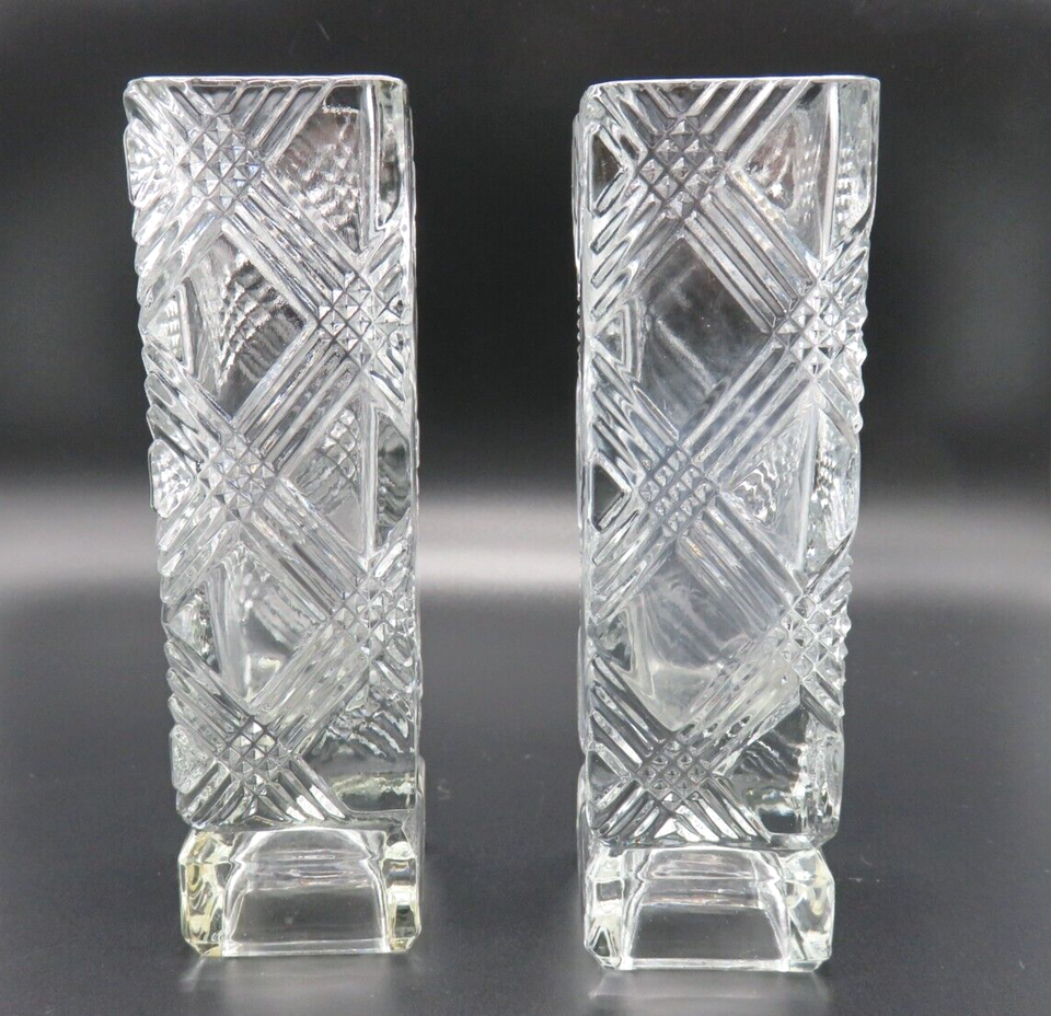 2 Avon Fostoria Square Glass Bud Vase Cross Hatch Diamond Pattern VTG ...