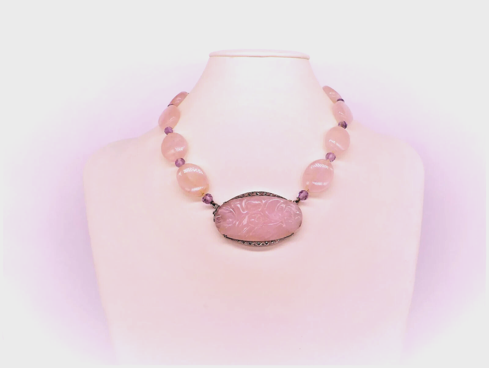 Vintage German Art Deco Style Rose Quartz Amethyst Marcasite Sterling ...