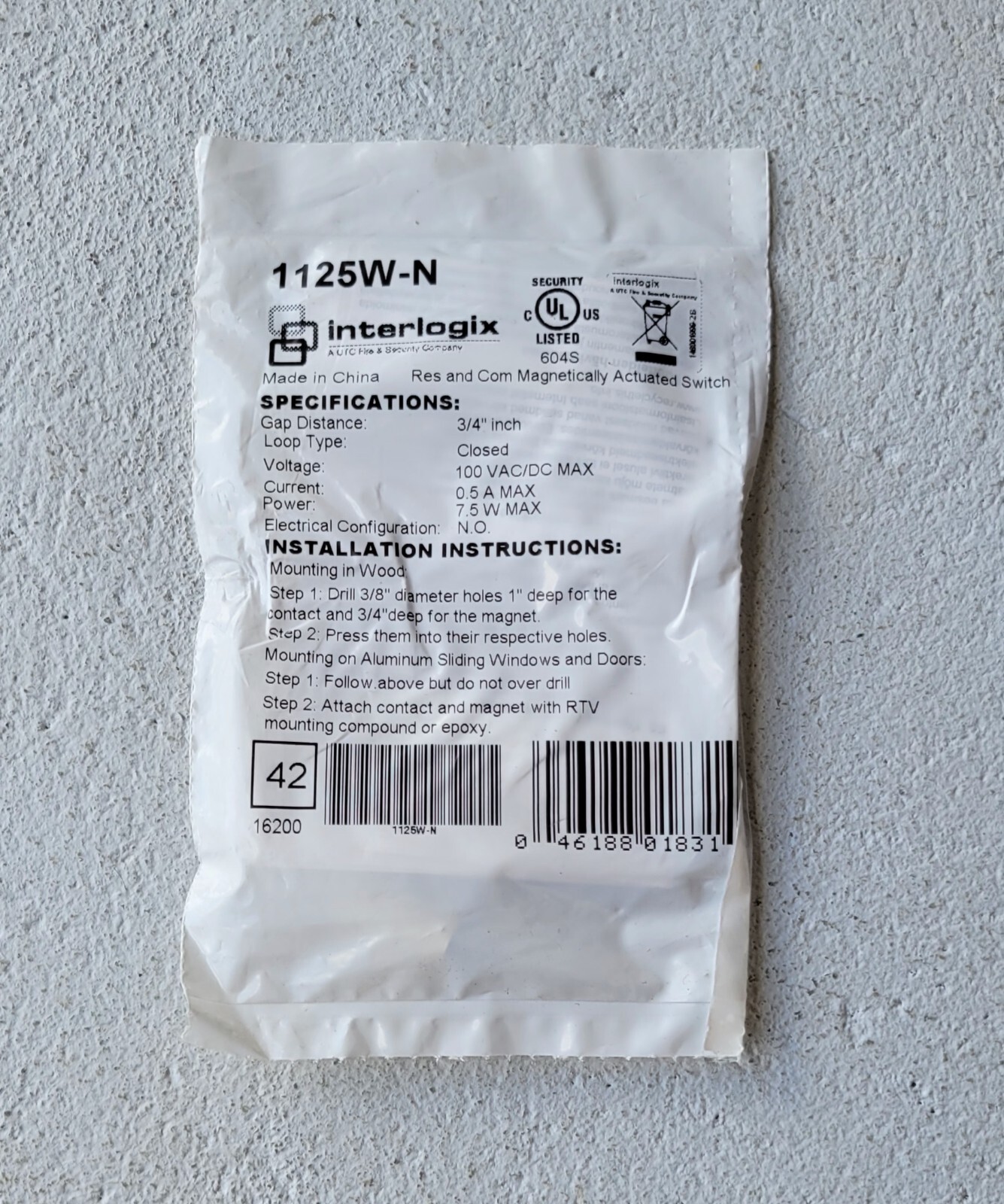 Interlogix 1125W-N 3/8" Flush Mini Magnetic Contact Switch for Window ...