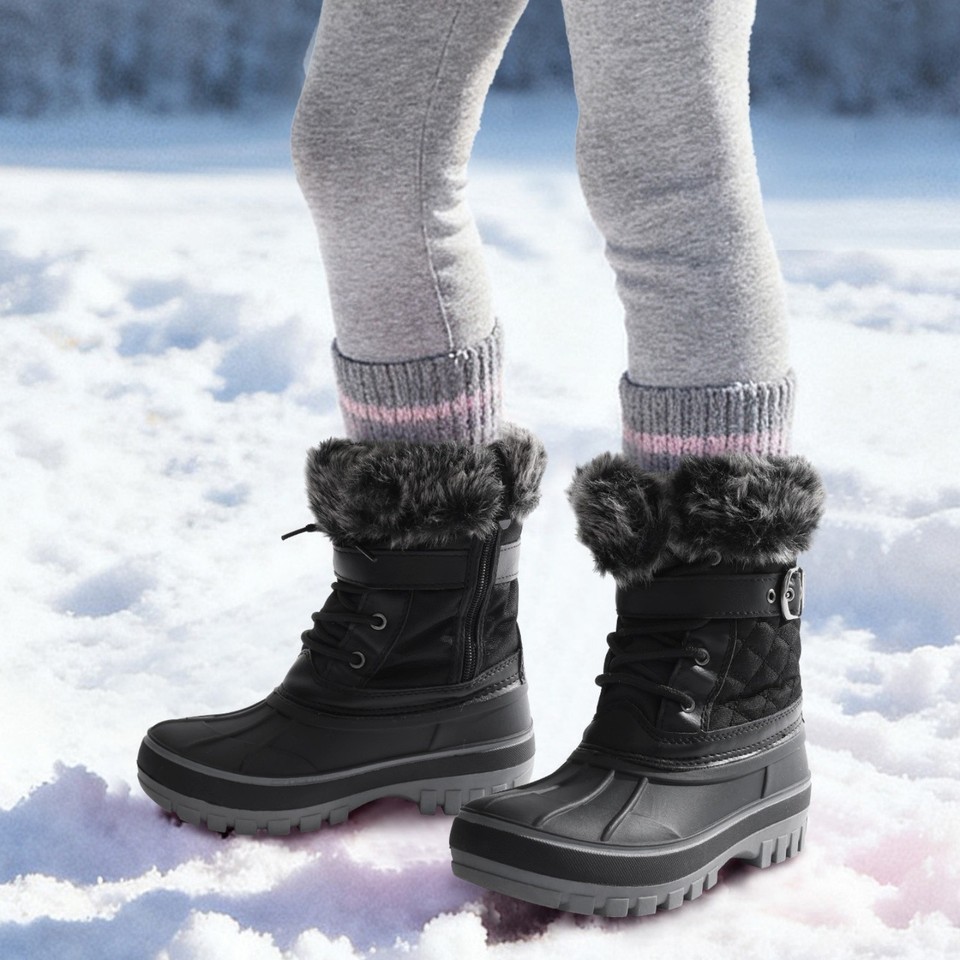 Boys Girls Winter Snow Boots Faux Fur Lined Warm Ski Boots Outdoor Ski ...