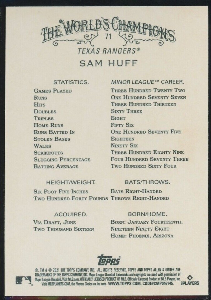 2021 Topps Allen & Ginter X Sam Huff Rookie Texas Rangers RC #71 | eBay