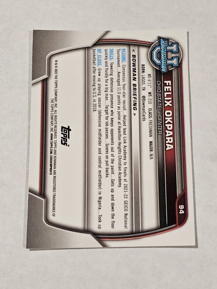 2023 Bowman University Chrome #94 Felix Okpara 1st Bowman | eBay