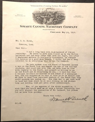 1916 Sprague Canning Machinery Co. Chicago, IL Letter To J.B. Harsh ...