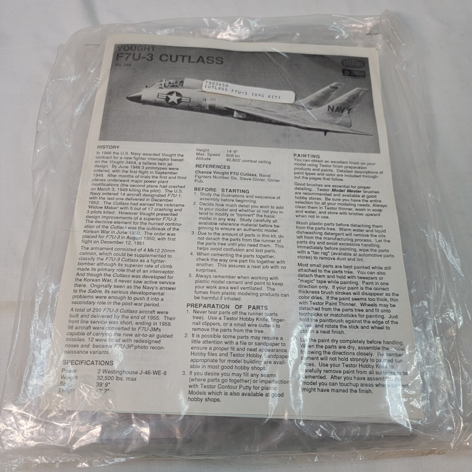 Testors 1/72 Vought F7U-3 Cutlass Plastic Model Kit 345 Bag Kit | eBay