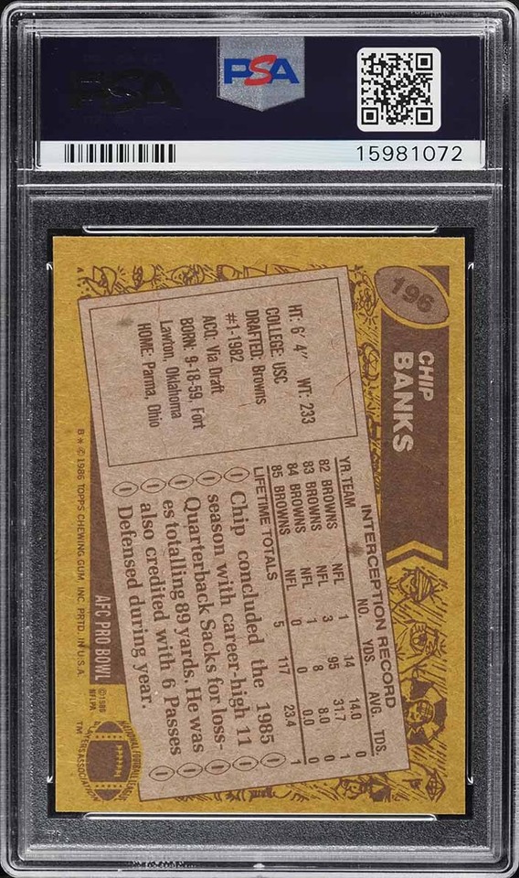 1986 Topps FB Card #196 Chip Banks Cleveland Browns PSA 10 GEM MINT | eBay