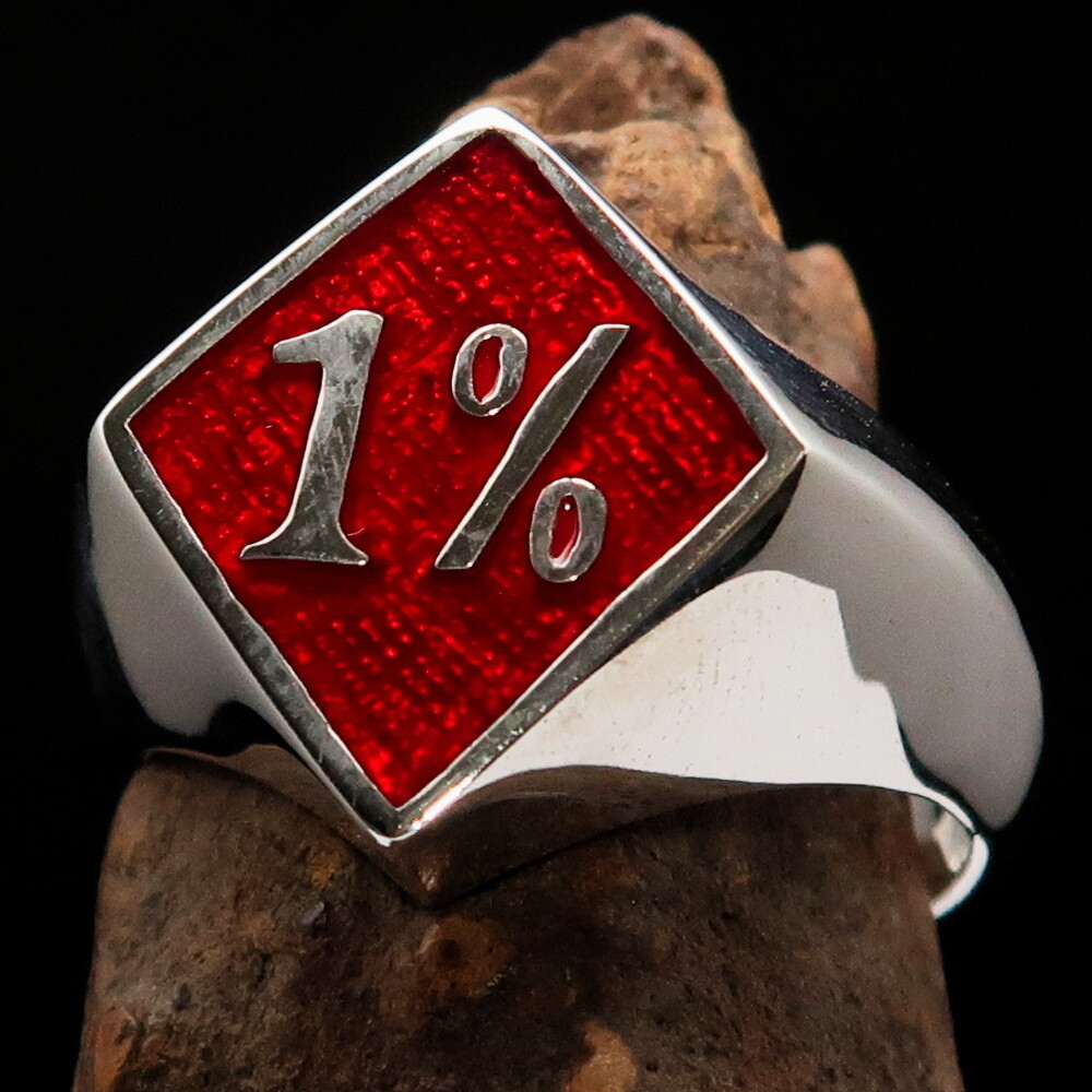 MENS STERLING SILVER OUTLAW BIKER RING DIAMOND 1% ER ONE PERCENT RED ...