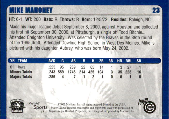 2002 Iowa Cubs Multi-Ad #17 Mike Mahoney Raleigh North Carolina NC ...