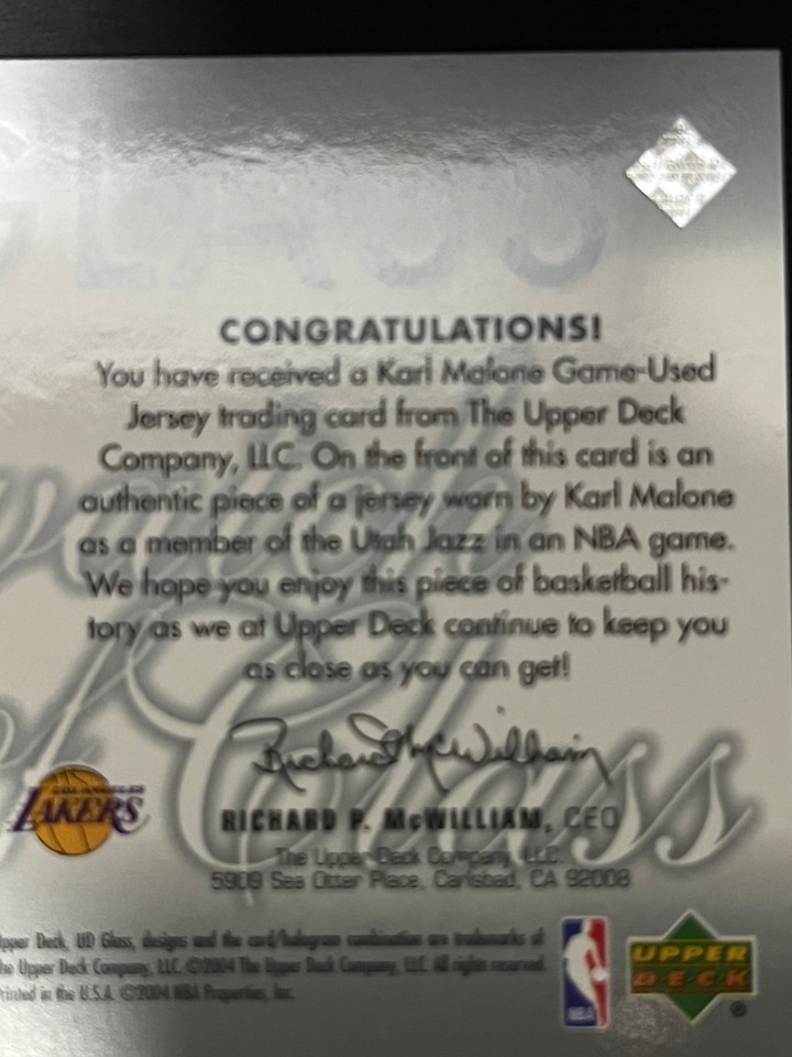 2004 Upper Deck - UD GLASS - KARL MALONE - GAME USED JERSEY - GOLD ...