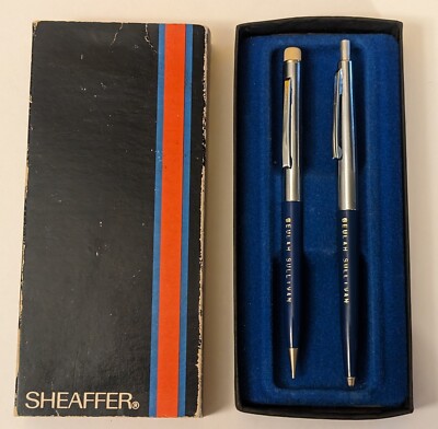 Vtg Sheaffer Chrome Blue Ink Ball Point Pen & Pencil Set w/ Box ...