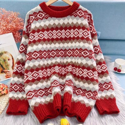 Lady Japanese Knitted Sweater Jumper Thermal Pullover Preppy Jacquard ...