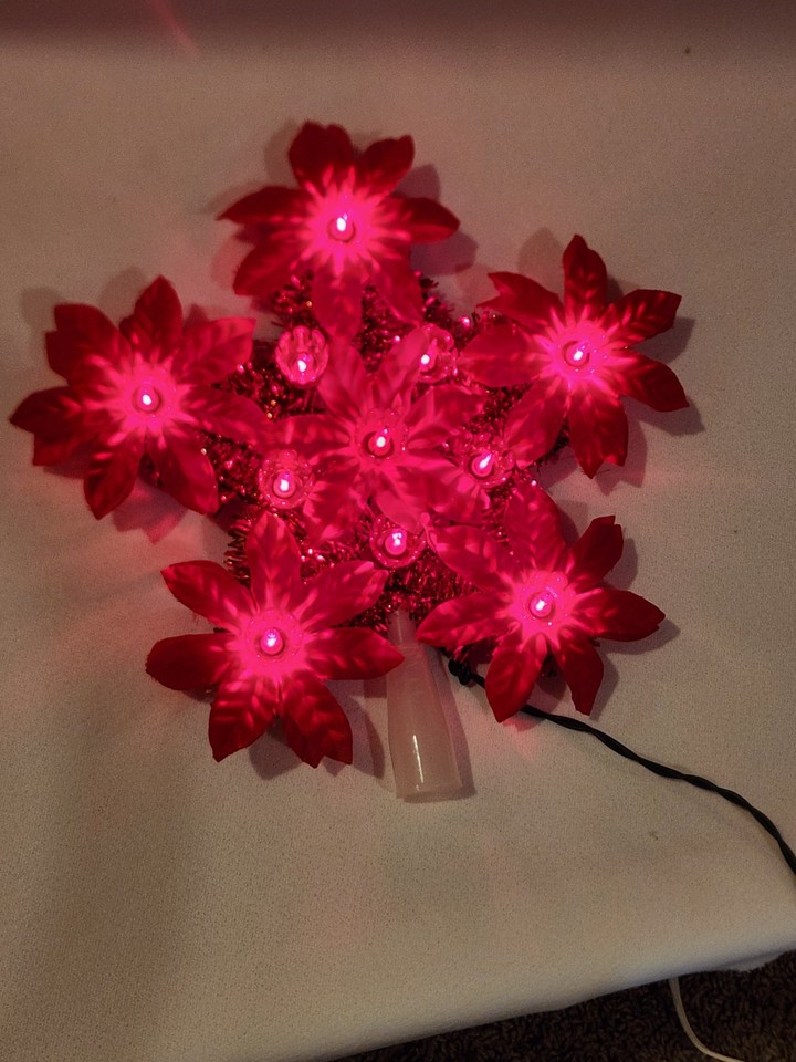 VTG 11 Light Red Silk Christmas Poinsettia Tree Topper Flower Reflector ...