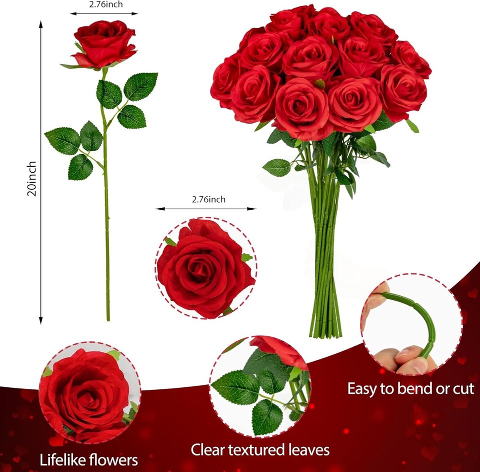 20 Pcs Red Roses Artificial Velvet Silk Flowers Fake Roses Bouquet with ...