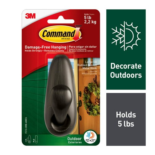 Command Outdoor Hook, Large, Oil Rubbed Bronze 1 Wall Hook 2 Strips ...