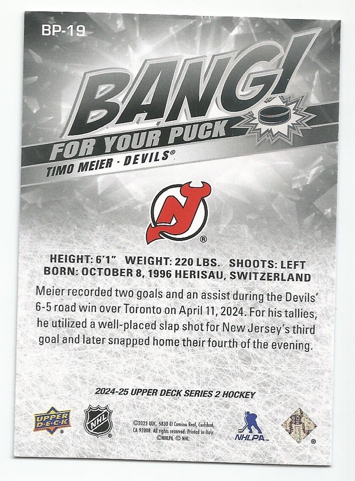 2024-25 Upper Deck Series 2 TIMO MEIER Bang For Your Puck Insert #BP-19 ...