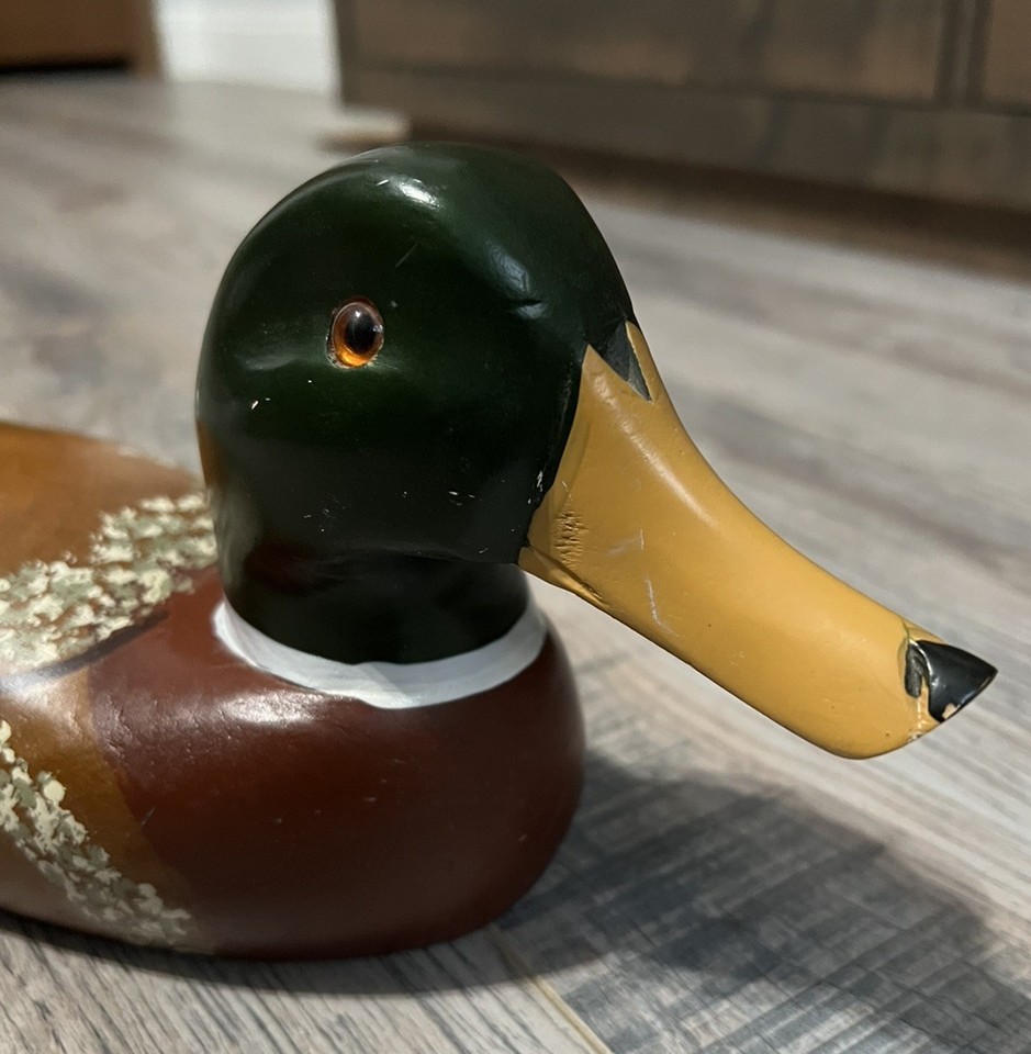 Vtg Emson Wooden Duck Decoy Mallard Drake Glassy Eyes Original 14” Hand ...