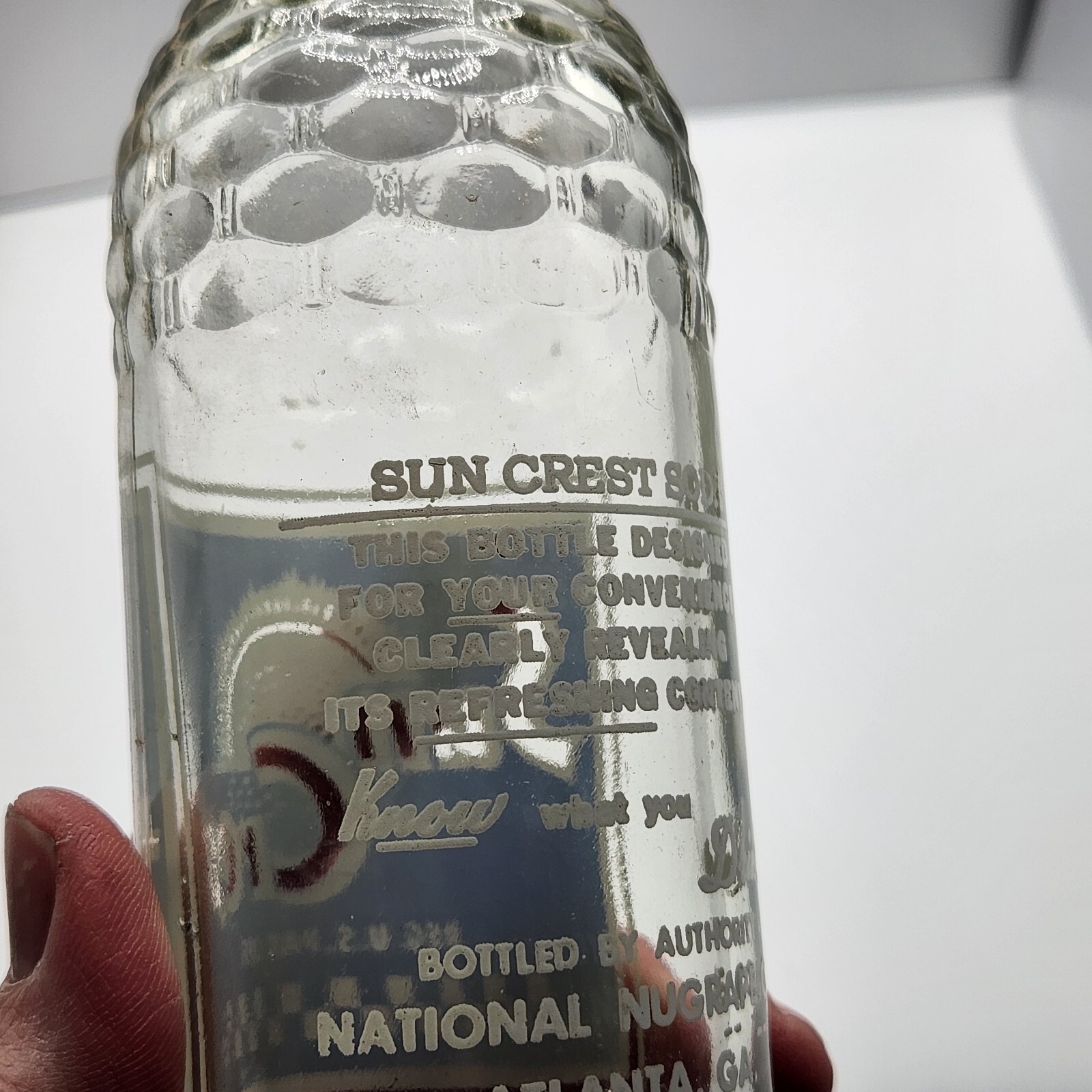 VINTAGE 1952 SUN CREST SODA GLASS BOTTLE 10 OZ PAINTED LABEL ATLANTA ...