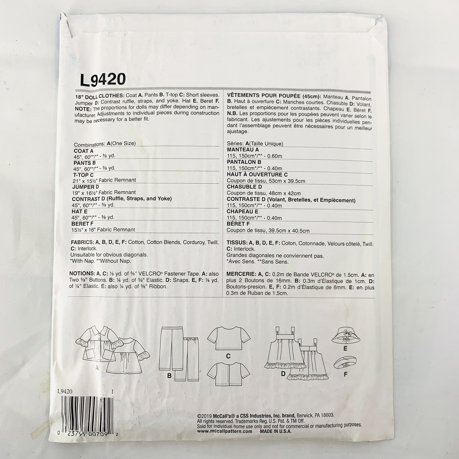 It’s Sew Simple McCall’s Doll Clothes Pattern L9420 18"Coat Pants Beret ...