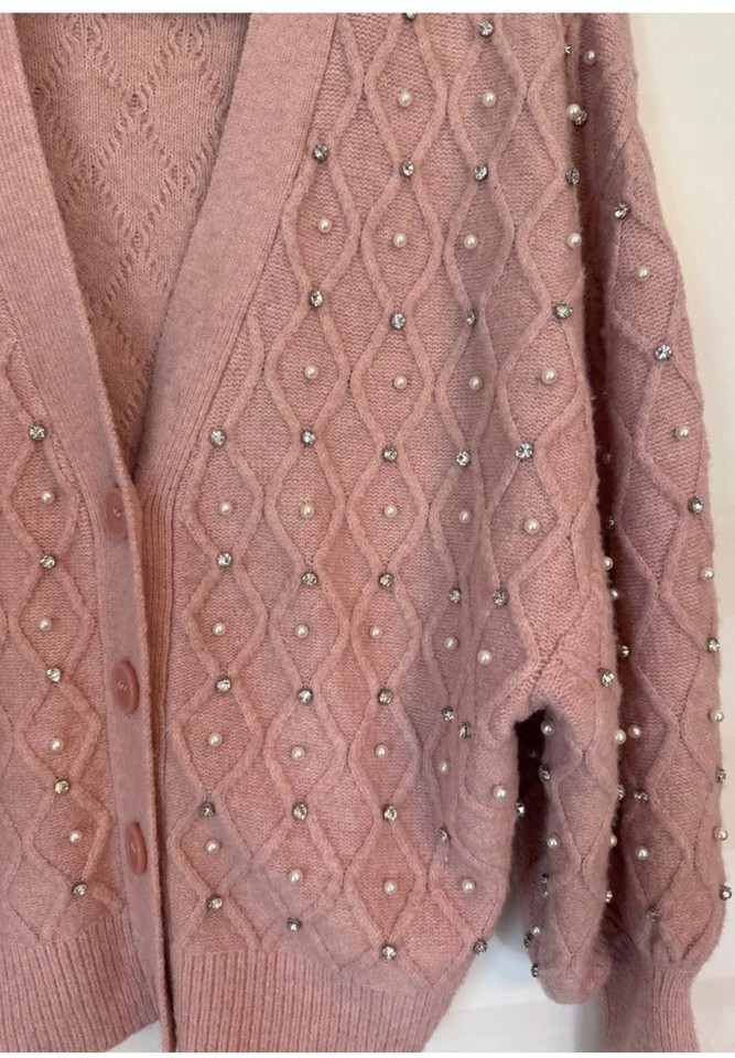 Express Cardigan Small Pink Pearl Rhinestone Embellished Knit Long ...