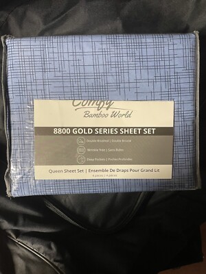 Comfy Bamboo World Queen Size 4 Piece Sheet Set Blue w/Dark Blue Design ...