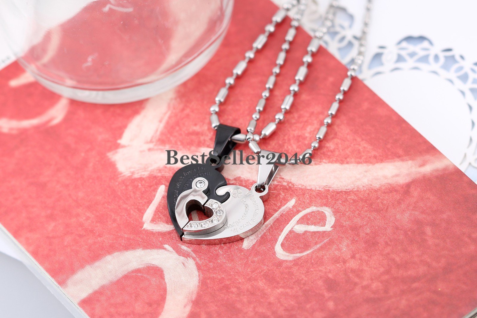 His and Hers Matching Love Hearts Couple Pendant Necklaces 2pcs ...