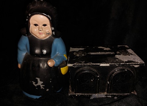 Vintage Fenstermaker Coin Bank Amish Woman Cast Bank Lancaster PA Piggy ...