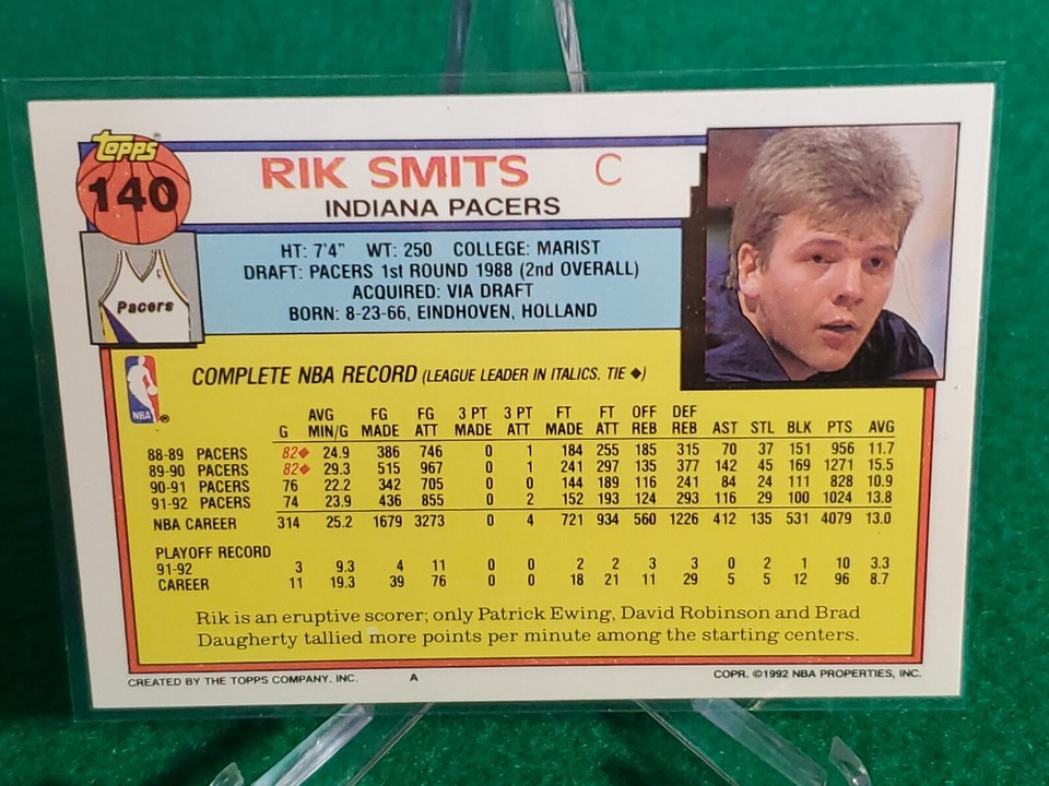 1992-93 Topps Indiana Pacers Basketball Card #140 Rik Smits | eBay