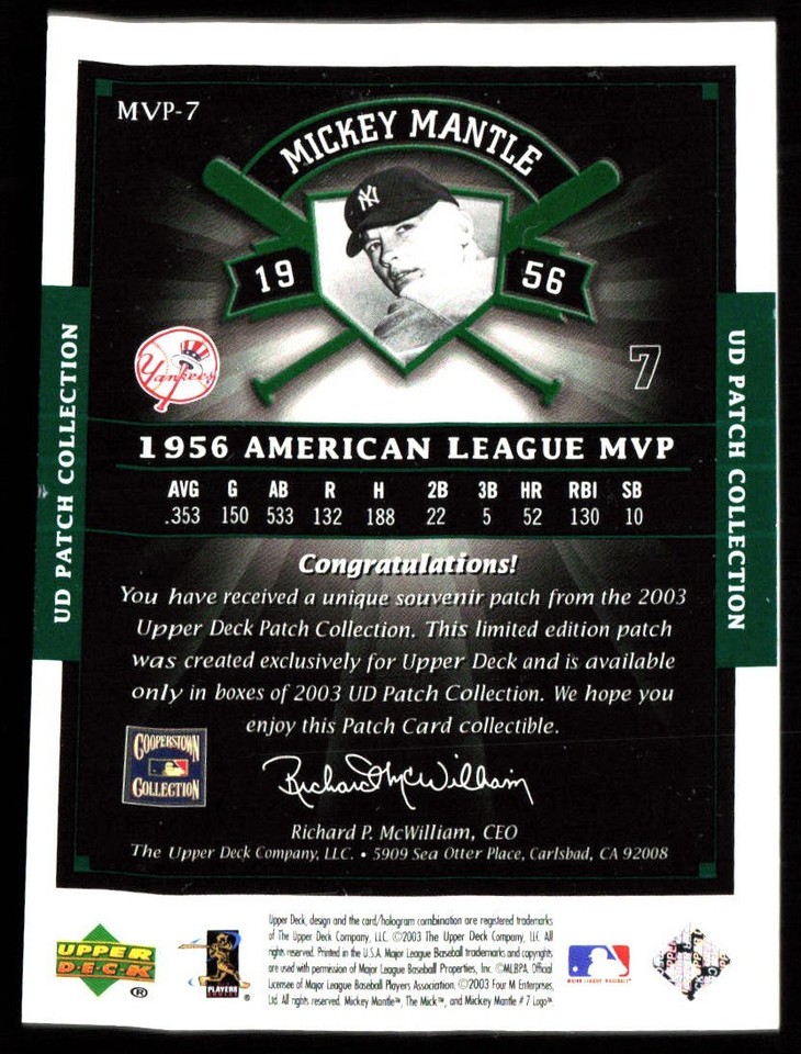 2003 Upper Deck Patch Collection MVP Celebration Mickey Mantle Patch ...