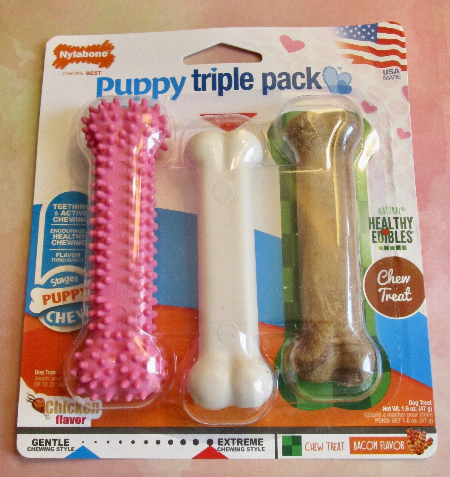 Nylabone Puppy Chew Toy And Treat Triple Pack Small Pink Chicken And ...