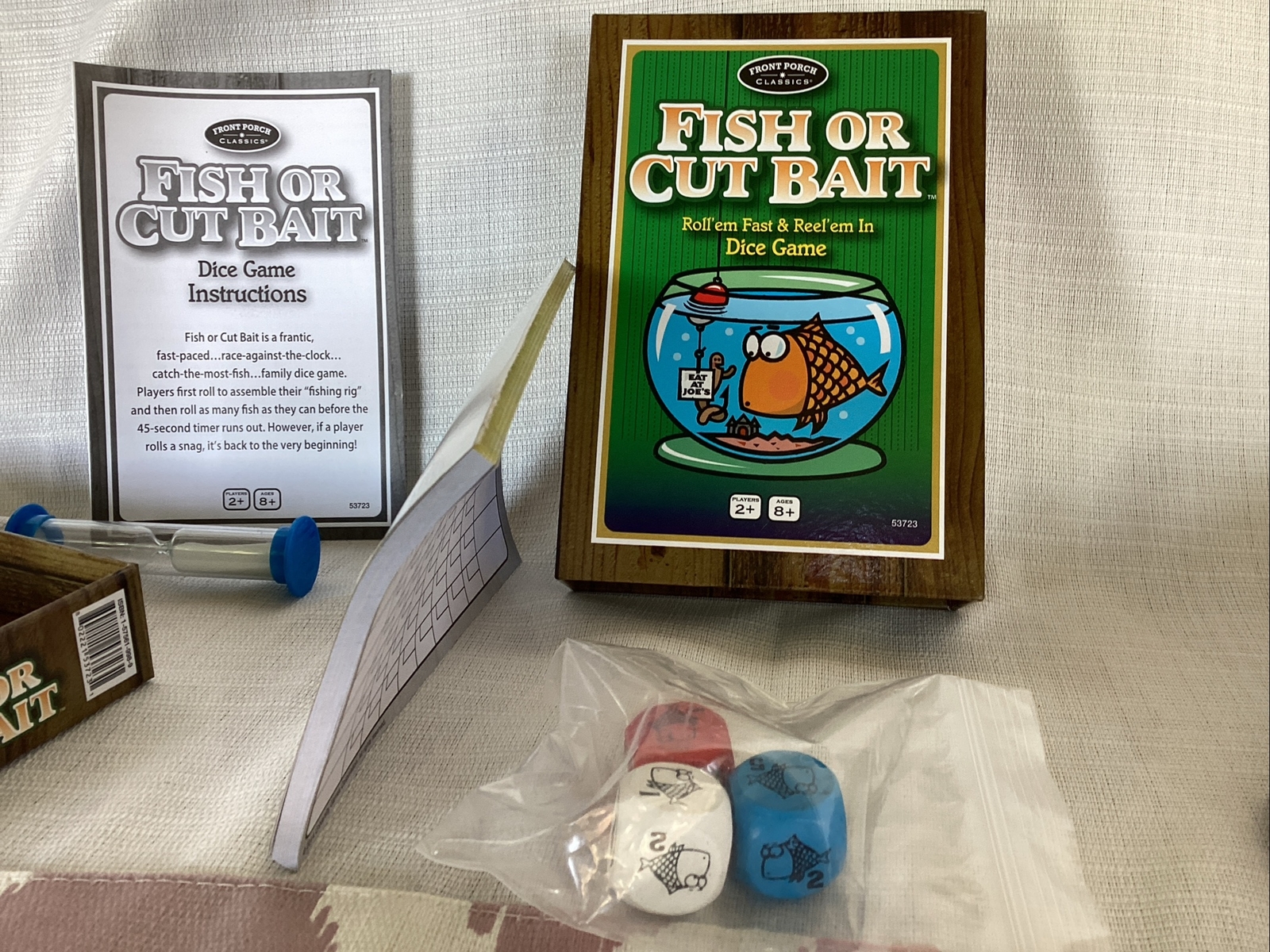 FISH OR CUT BAIT Dice Game Parts Only Score Pads Timer Fish Dice Box ...
