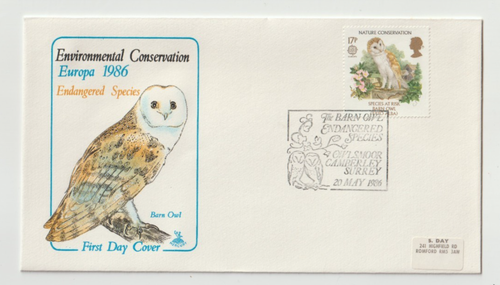 20/5/1986 UK GB FDC - Species at Risk - Barn Owl - Camberley Special ...